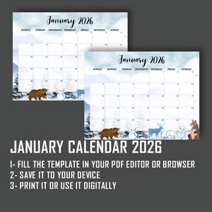 Editable January 2026 Calendar, Cute Winter W/ Cute Snow Man, Monthly ...
