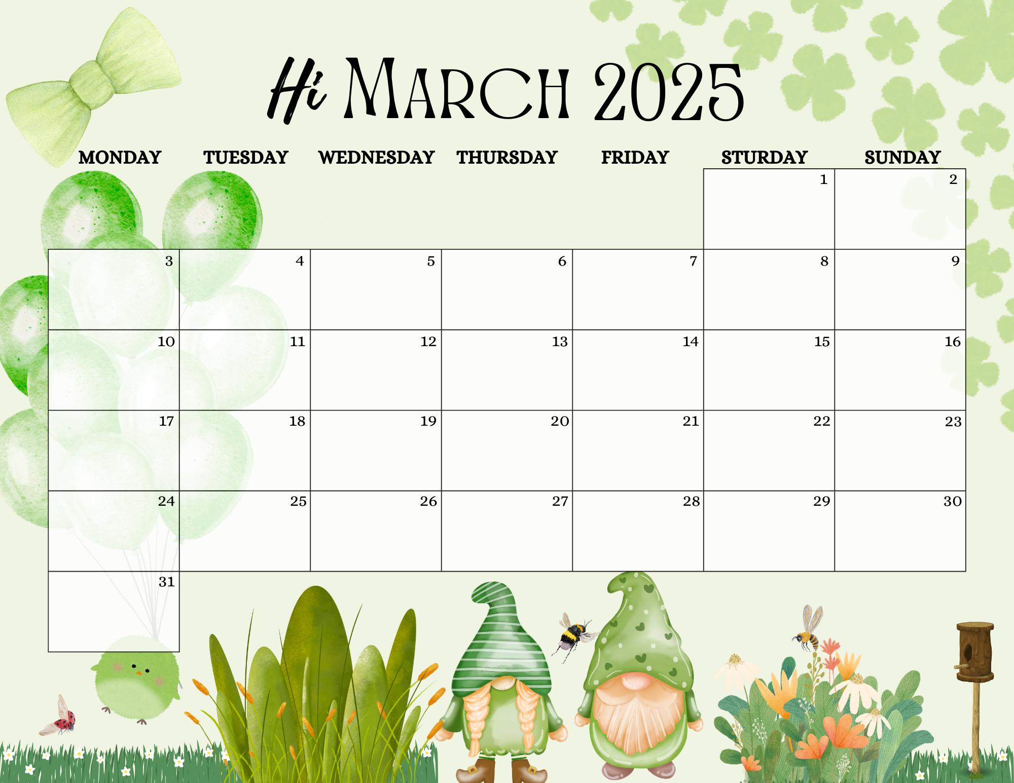 EDITABLE March 2025 Calendar, Beautiful Spring With Cute Gnome Planner ...