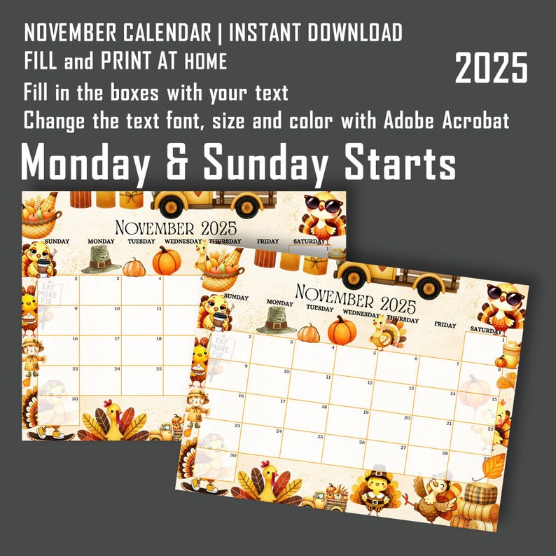 EDITABLE November 2025 Calendar, Happy Thanksgiving Planner, Beautiful ...
