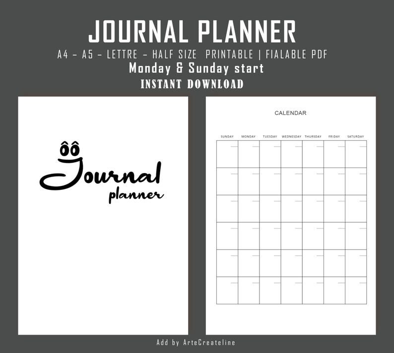 Journal Planner Printable Template, Daily Weekly Monthly Planner ...