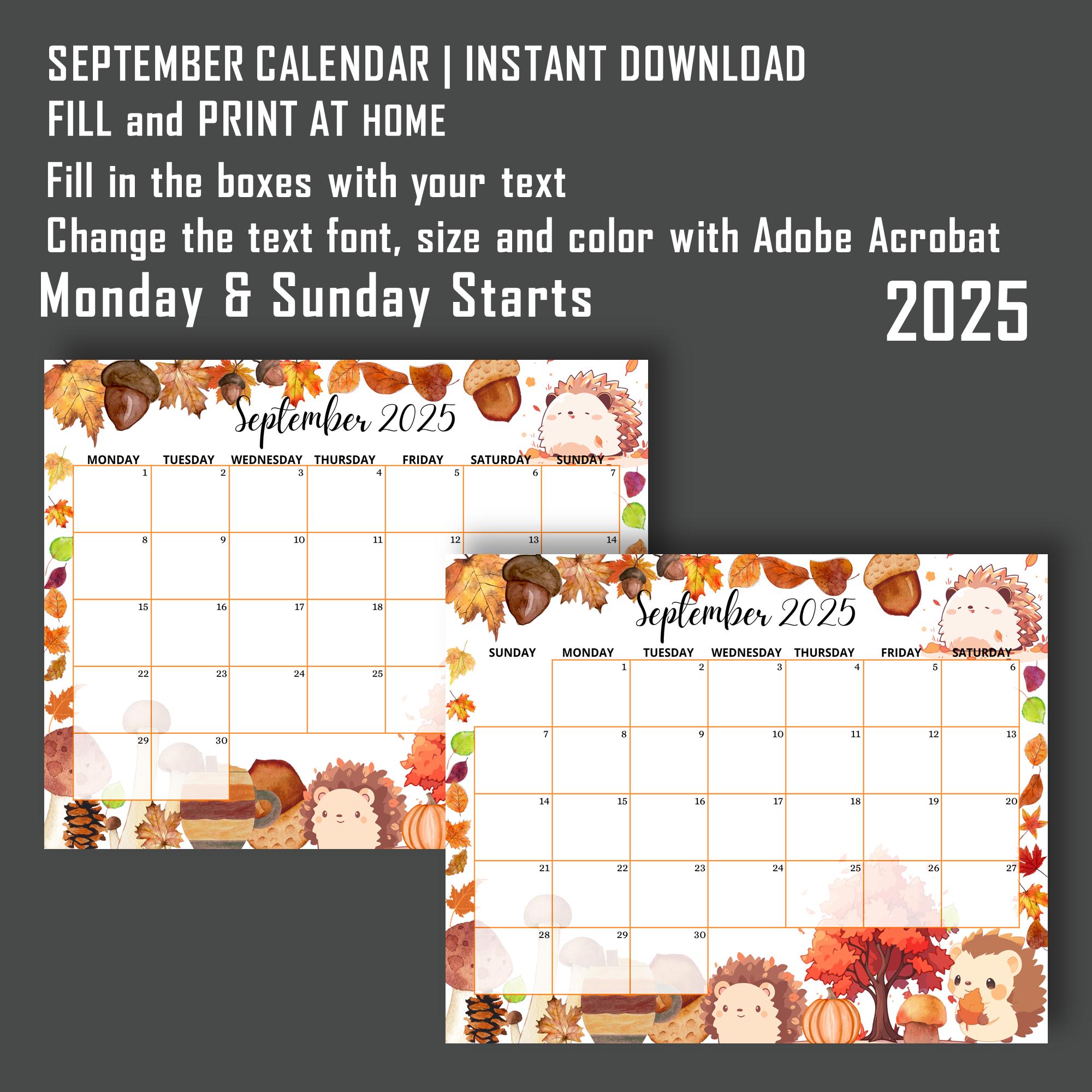 EDITABLE September 2025 Calendar, Beautiful Fall Autumn Calendar 2025 ...