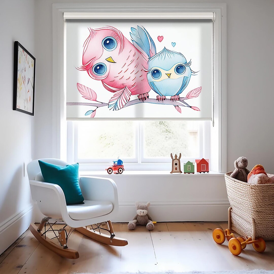 Cute Owls Vector Themed Baby Room Roller Shades | Use for Baby Girl and Boy Rooms | Patterned ...
