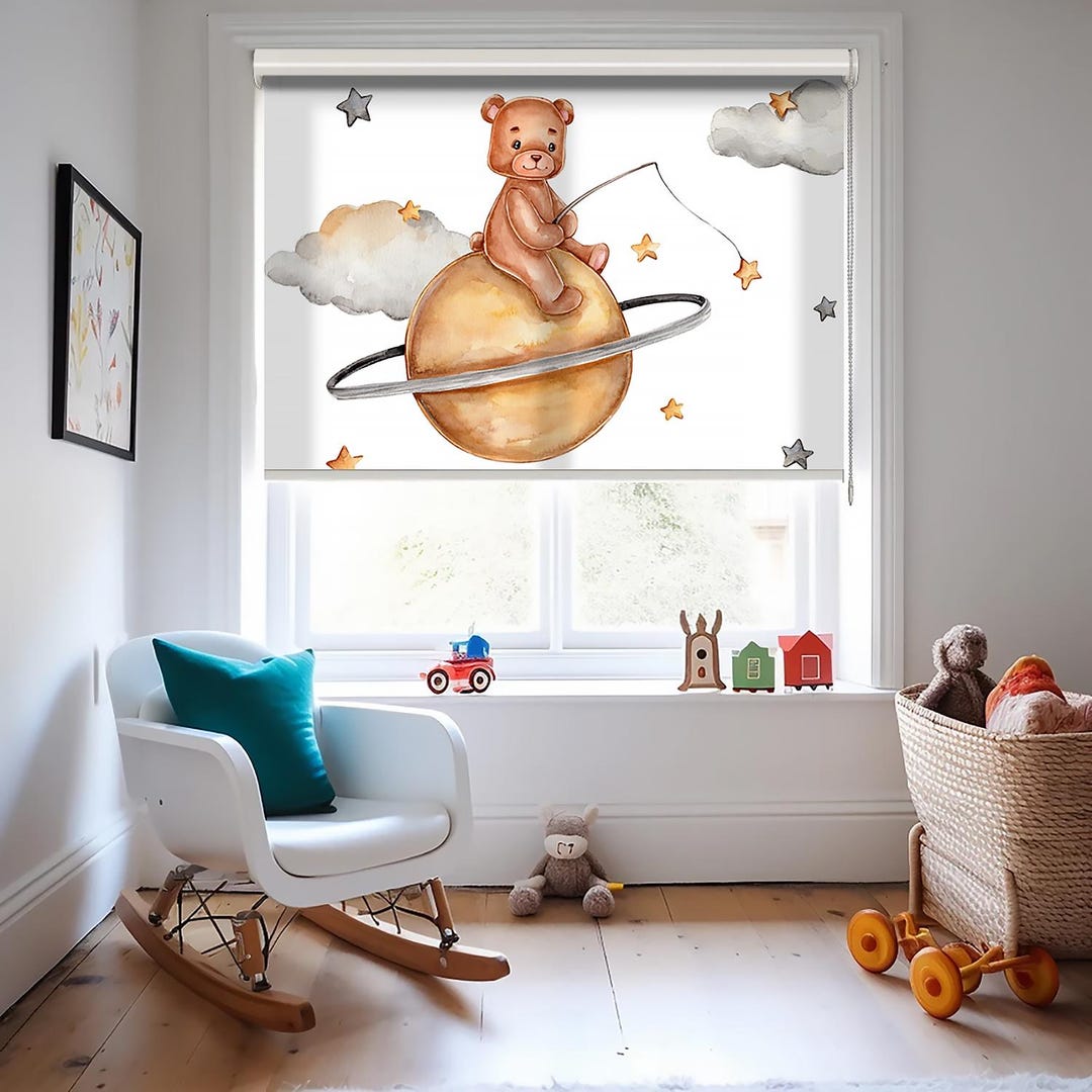 Cute Teddy Bear Sitting on Jupiter Themed Printed Roller Shades ...