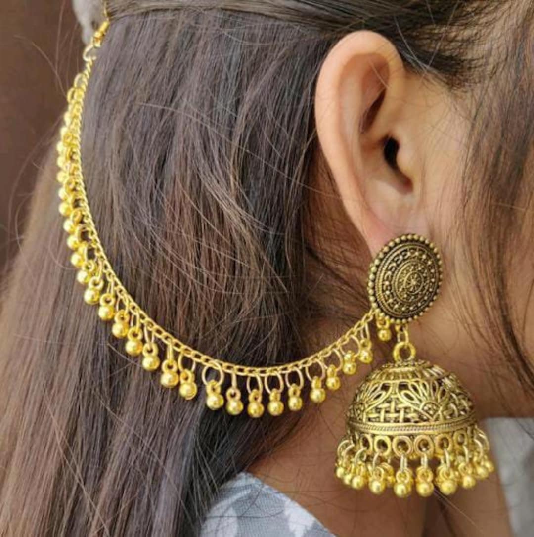 Oxidized Golden Bahubali Jhumka Earrings, Gold Polished Jhumki With Ear-chain, Bollywood Jhumka ...