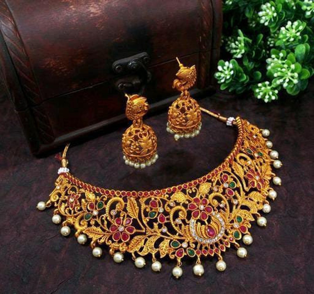 Temple Southindian Chik Gold Plated CZ Necklace Set for Women ...