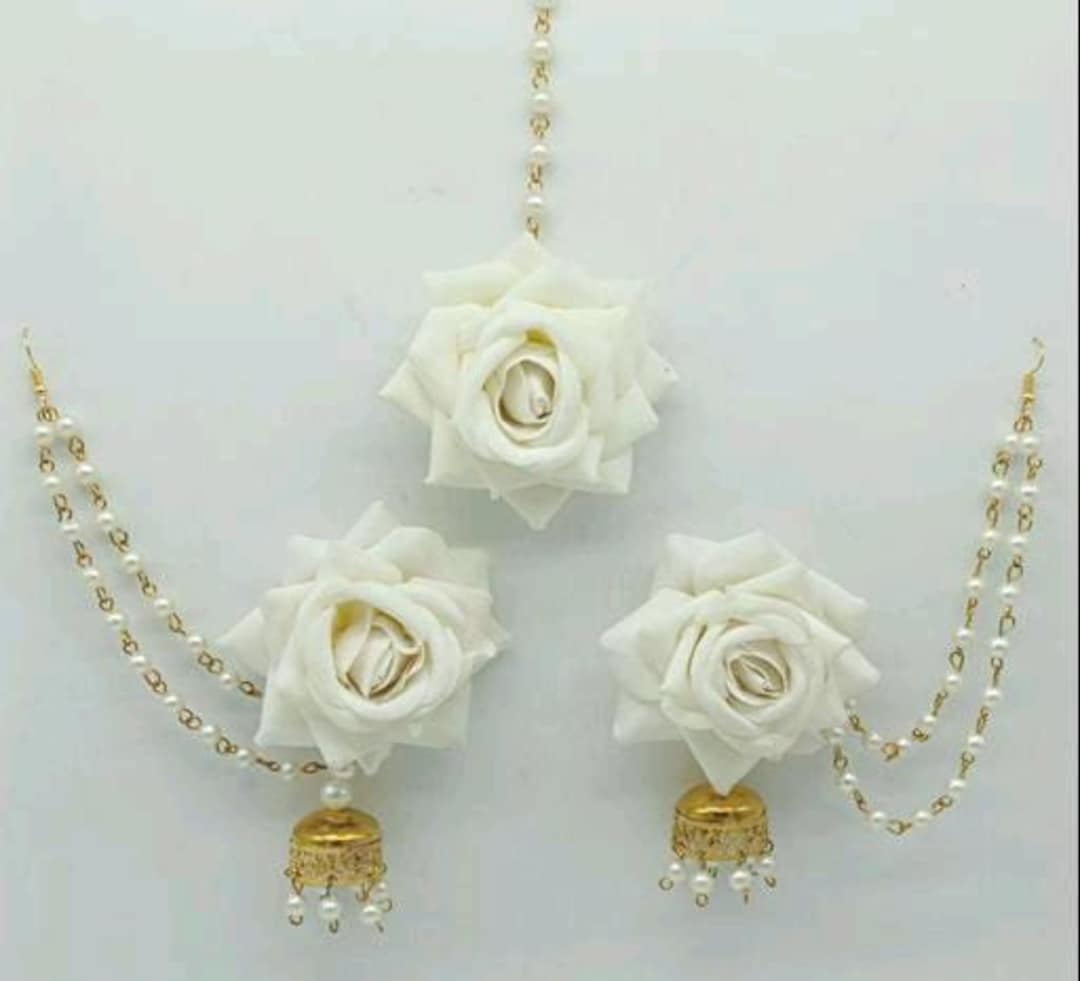 Rose Flower Bahubali Jhumka With Maangtikka/haldi, Mehndi Jewellery ...