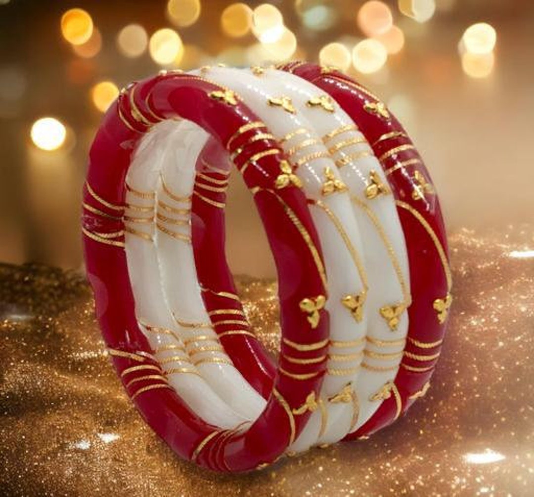 Gold Binding Daily Red Pola Sakha Conch Shell Bangles ,handmade Shakha ...