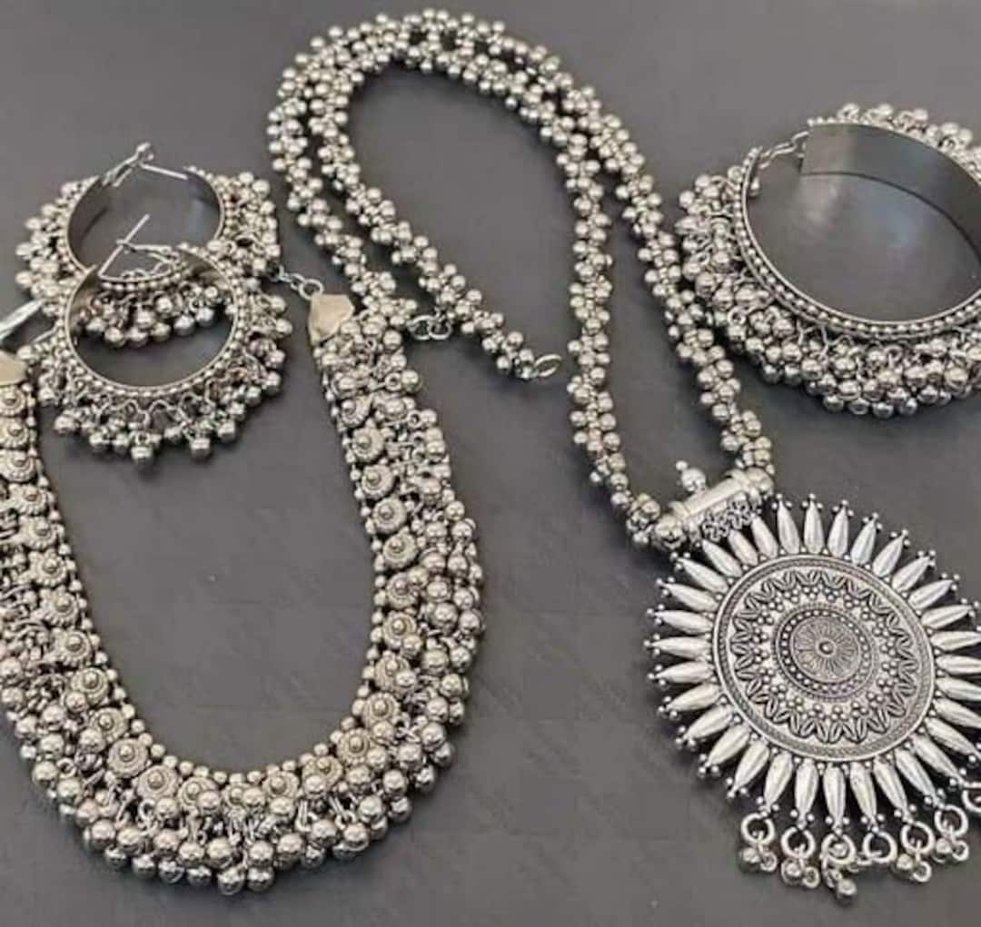Ghungru Silver Oxidised Jewelry Combo Set/ Long Necklace With Chokar ...