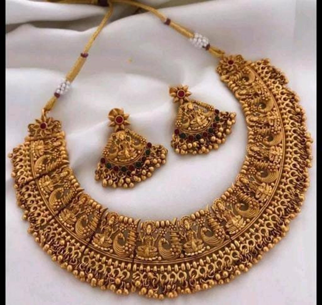 Southindian Gold Plated Bridal Temple Choker Necklace Set for Women ...