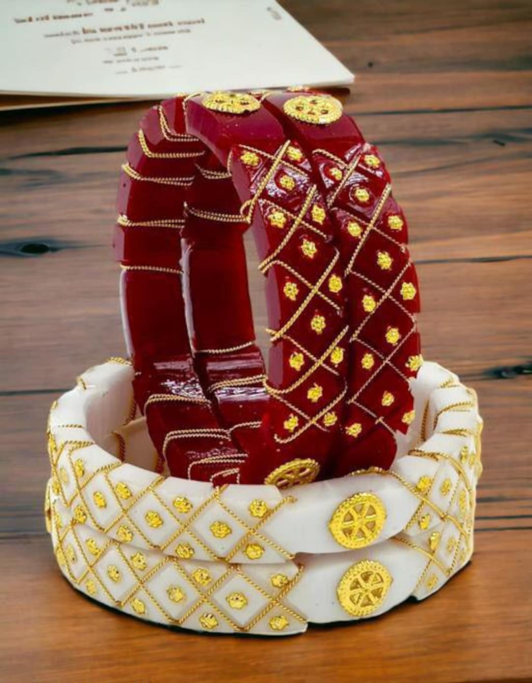 Premium Quality Pola Mota Gold Binding Bengali White Red Bangles Shakha ...