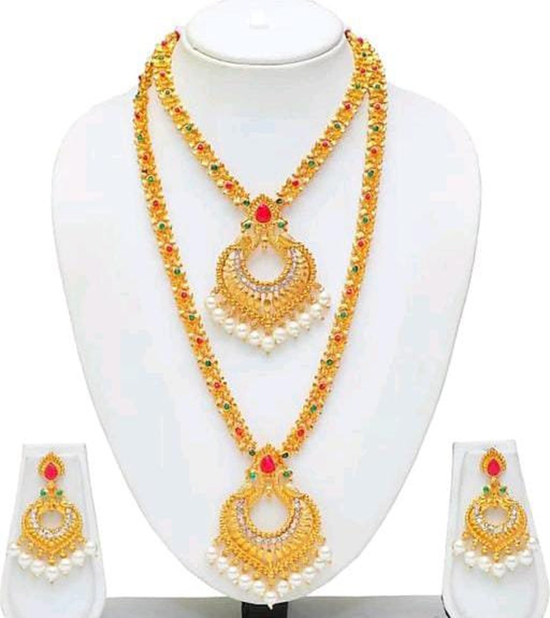 Long Chain Gold Pendant South Indian Bride Jewelry Set, Gold Plated ...