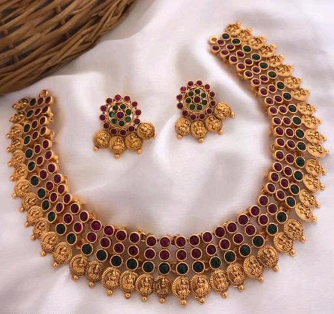 Laxmi Coin Gold Plated Temple Ruby Green South Indian Choker Necklace ...