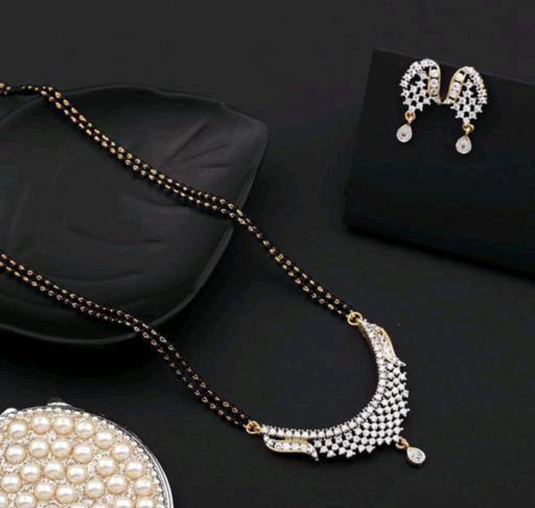 Floral Indian Bride Silver Mangalsutra Necklace Gold and Black Bead ...