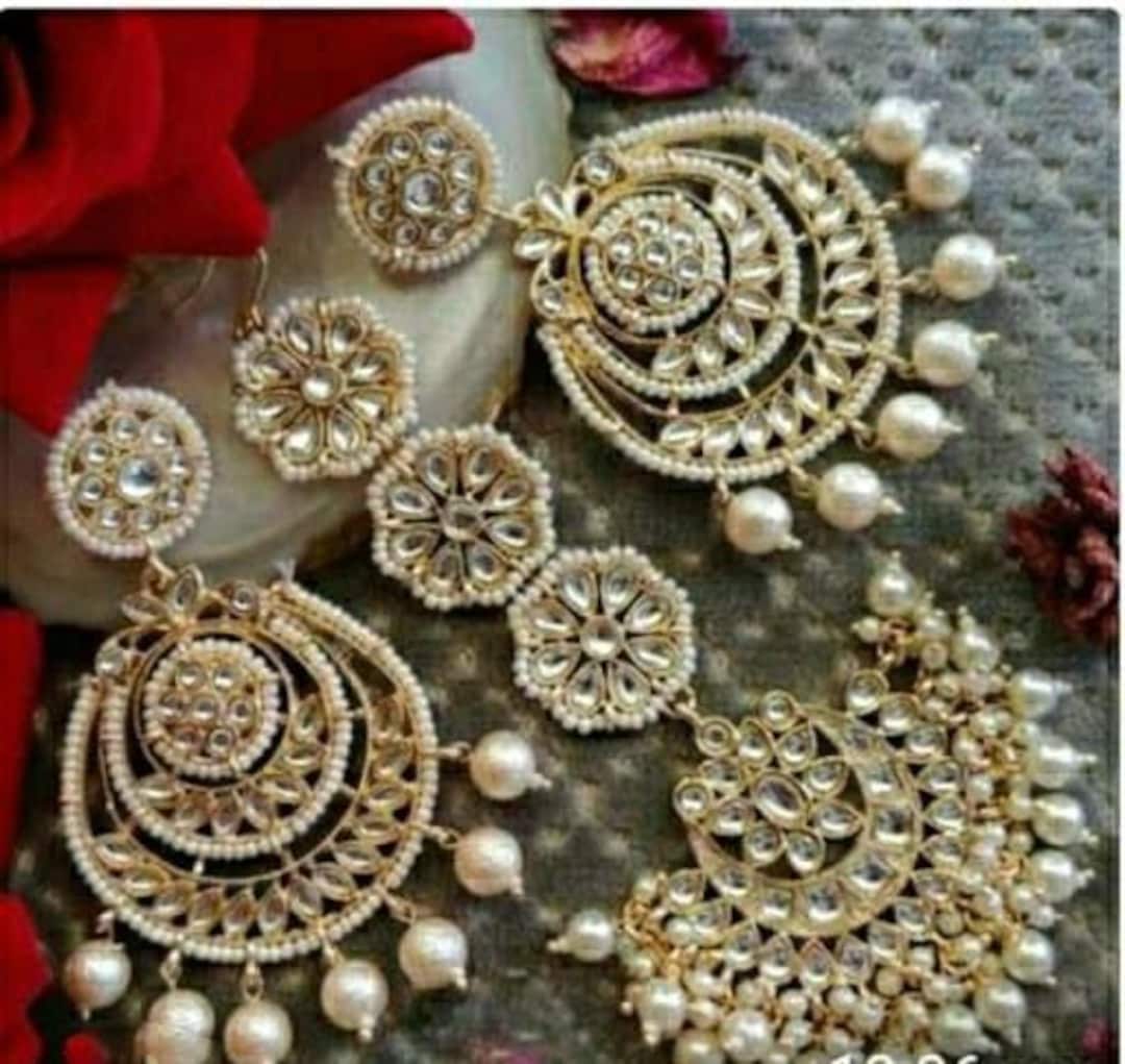 Punjabi Kundan Drop Earrings Set- Traditional Antique Look Long Kundan ...