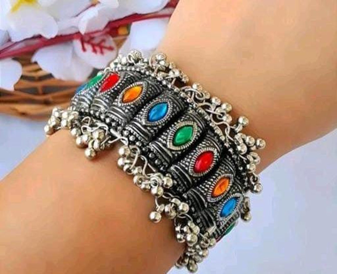 Kolhapuri Designer Stone Indian Silver Plated Oxidized Indian Bracelet ...