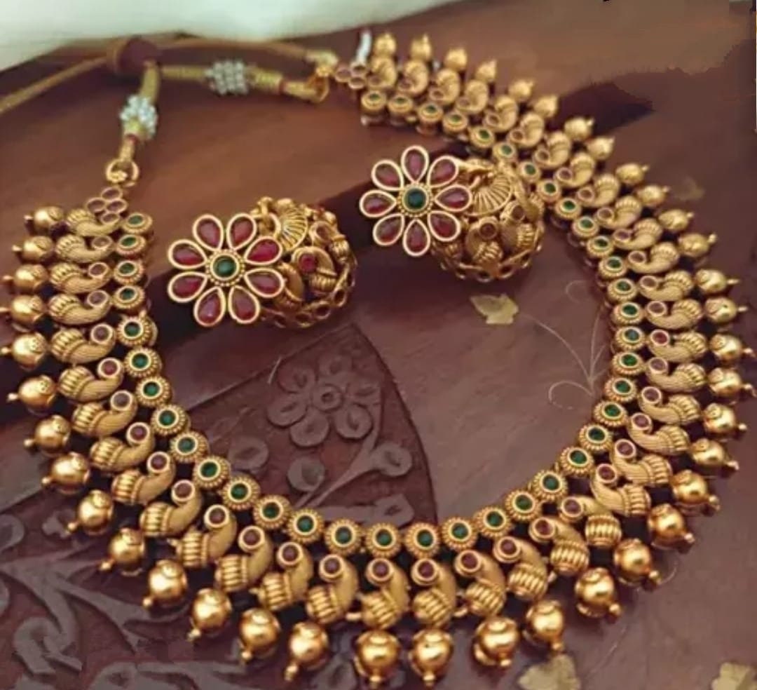 Antique Gold Matte Finish Kemp Designer South Indian Jewelry Choker Set ...