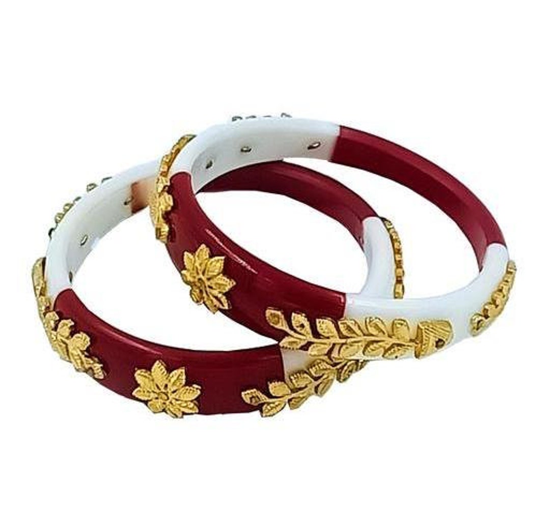 Plastic Two Tone Sankha Pola Bangles, Traditional Red Bangles, Designer ...