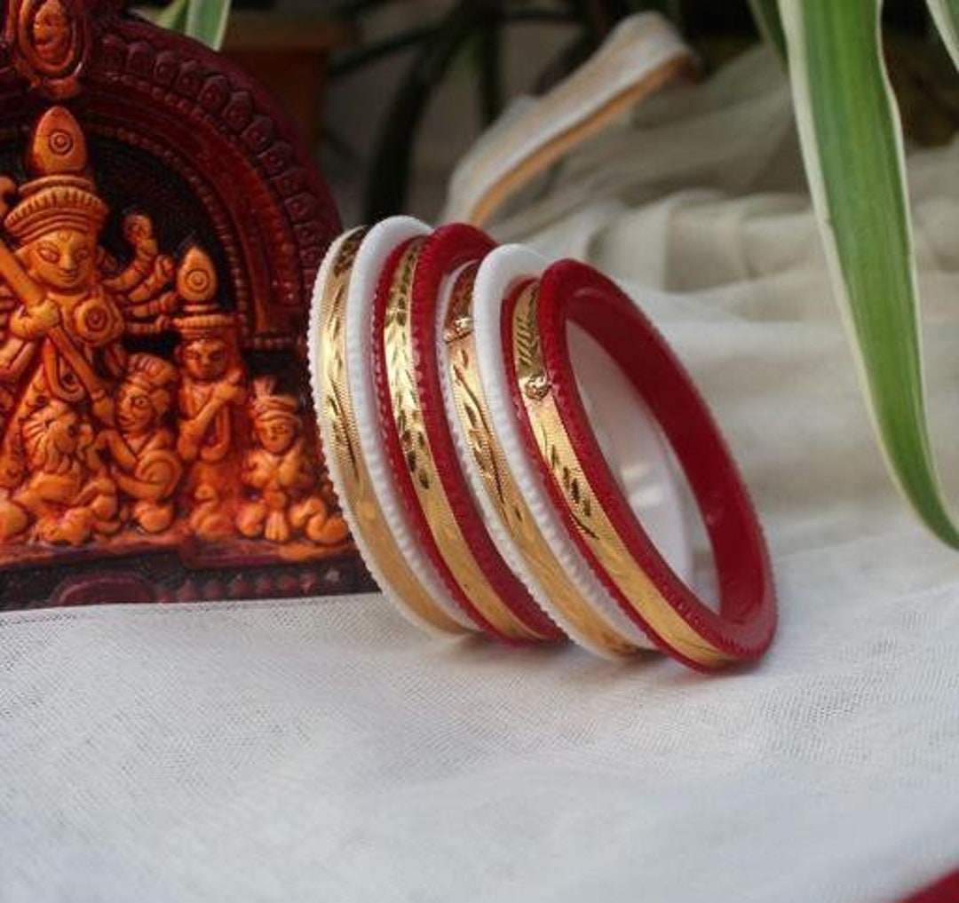 Handmade Gold Binding Bengali White Red Bangles Shakha Pola.handmade ...