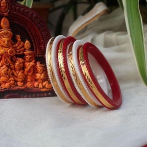 Handmade Gold Binding Bengali White Red Bangles Shakha Pola.handmade ...