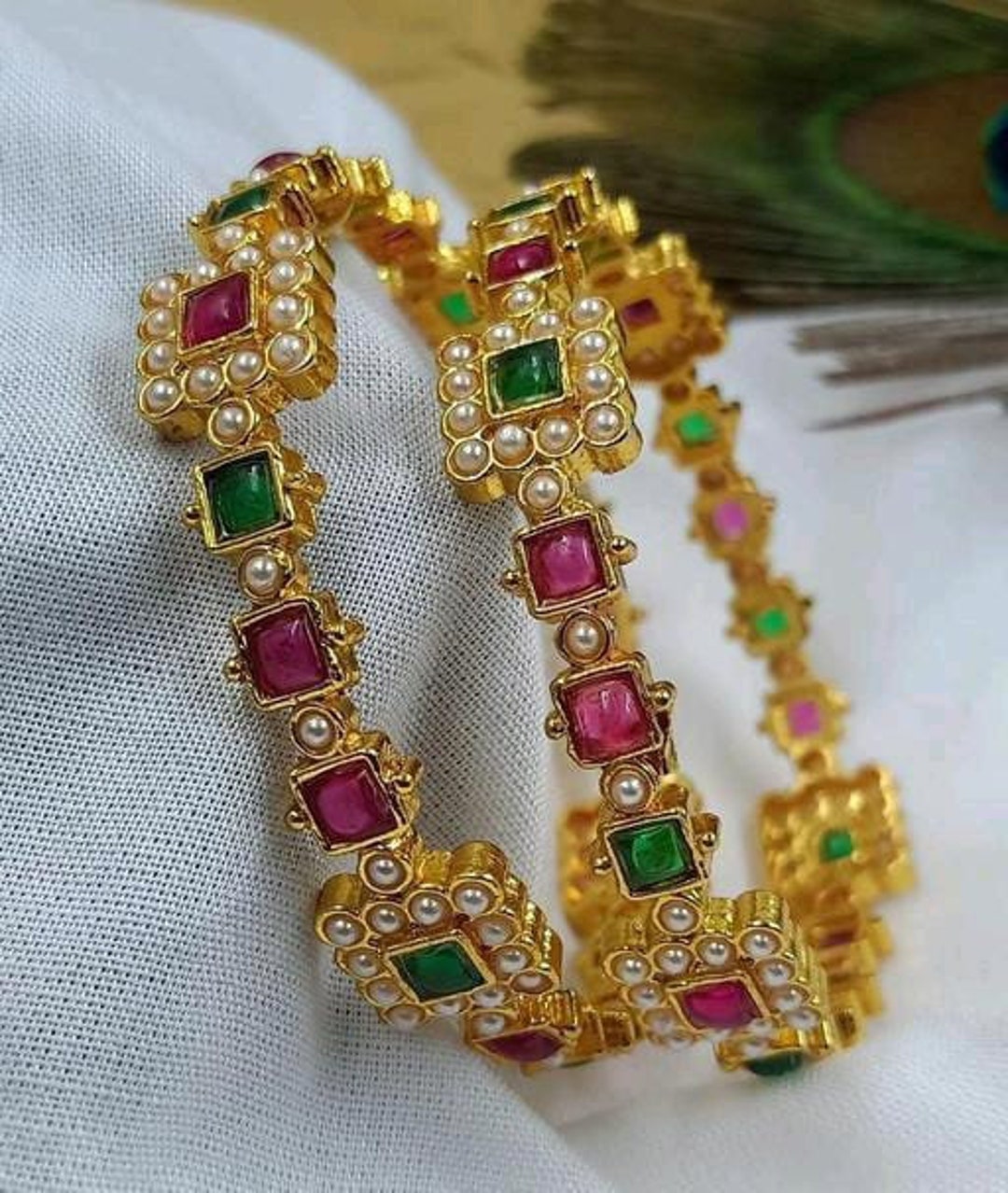 Indian Style Gold Plated Kada Set, South Indian Traditional Temple Kada ...