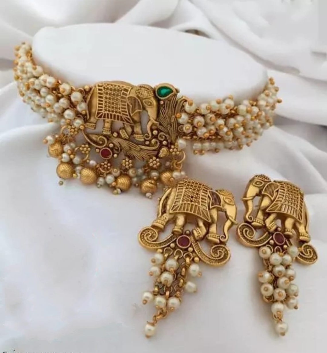 Elephant Pearls Antique Gold Plated Indian Jewelry Choker Set With ...