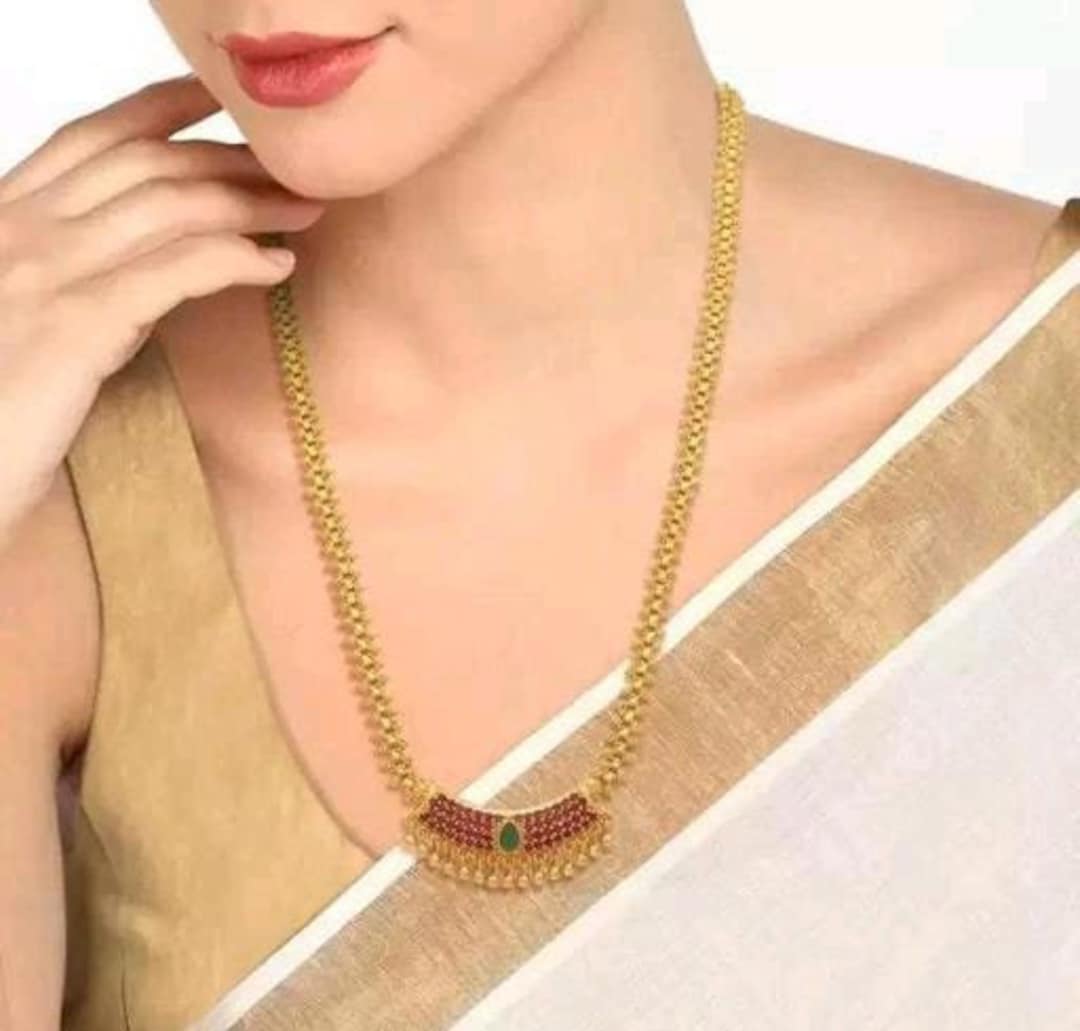 CZ Gold Long Chain Necklace Set Kasulaperu Long Haram for Women ...