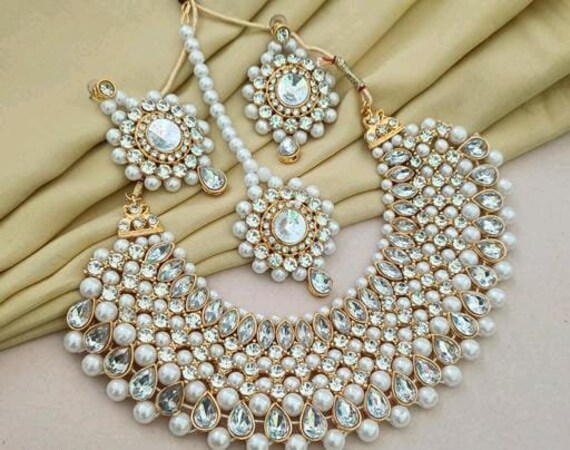 Kundan Necklace Long Kundan Necklace Indian jewelry Kundan layered necklace Bridesmaid Kundan Necklace Set Indian Polki White Kundan Set