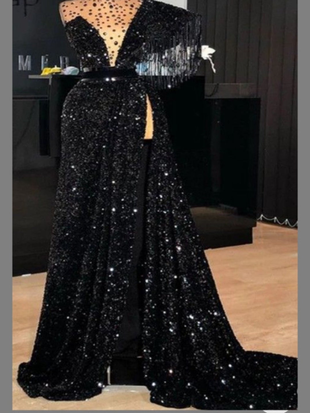 Black High Slit Sequins Long Prom Dress, Mono Strap Black Sequins Dress ...
