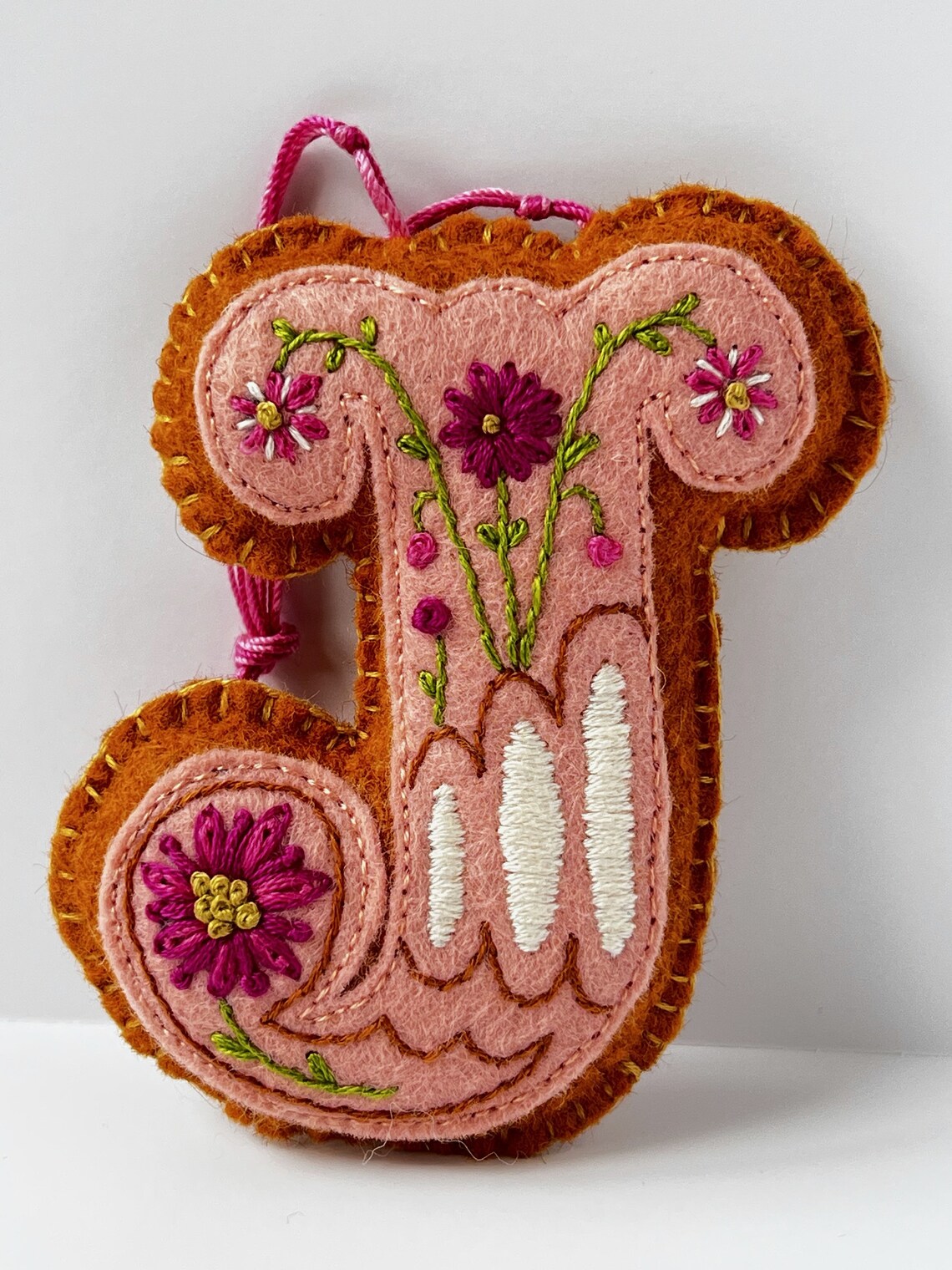 Hand Embroidered Felt Letter J Anytime Ornament Hanging Décor Floral ...