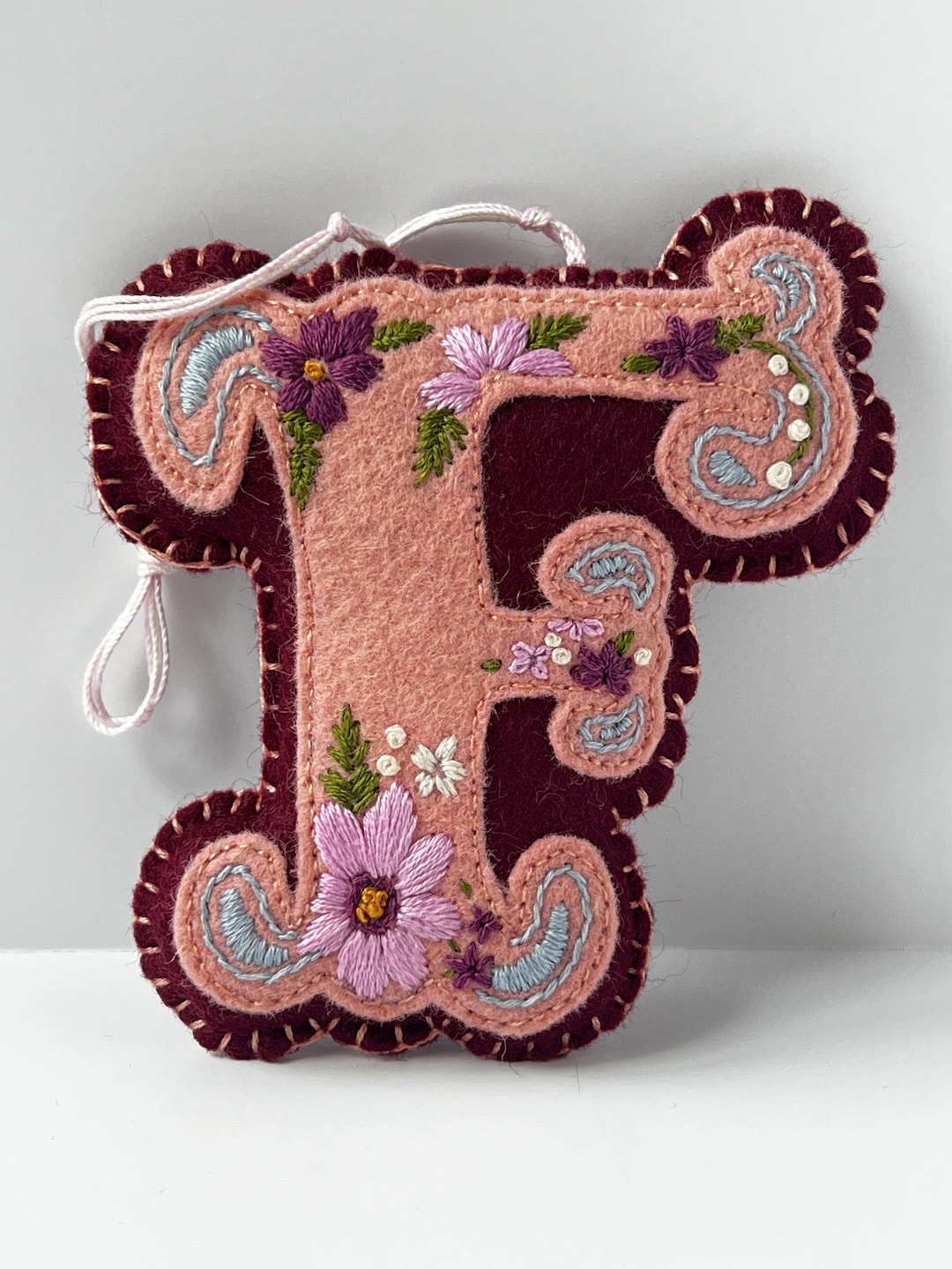 Hand Embroidered Felt Letter F Anytime Ornament Hanging Décor Floral ...