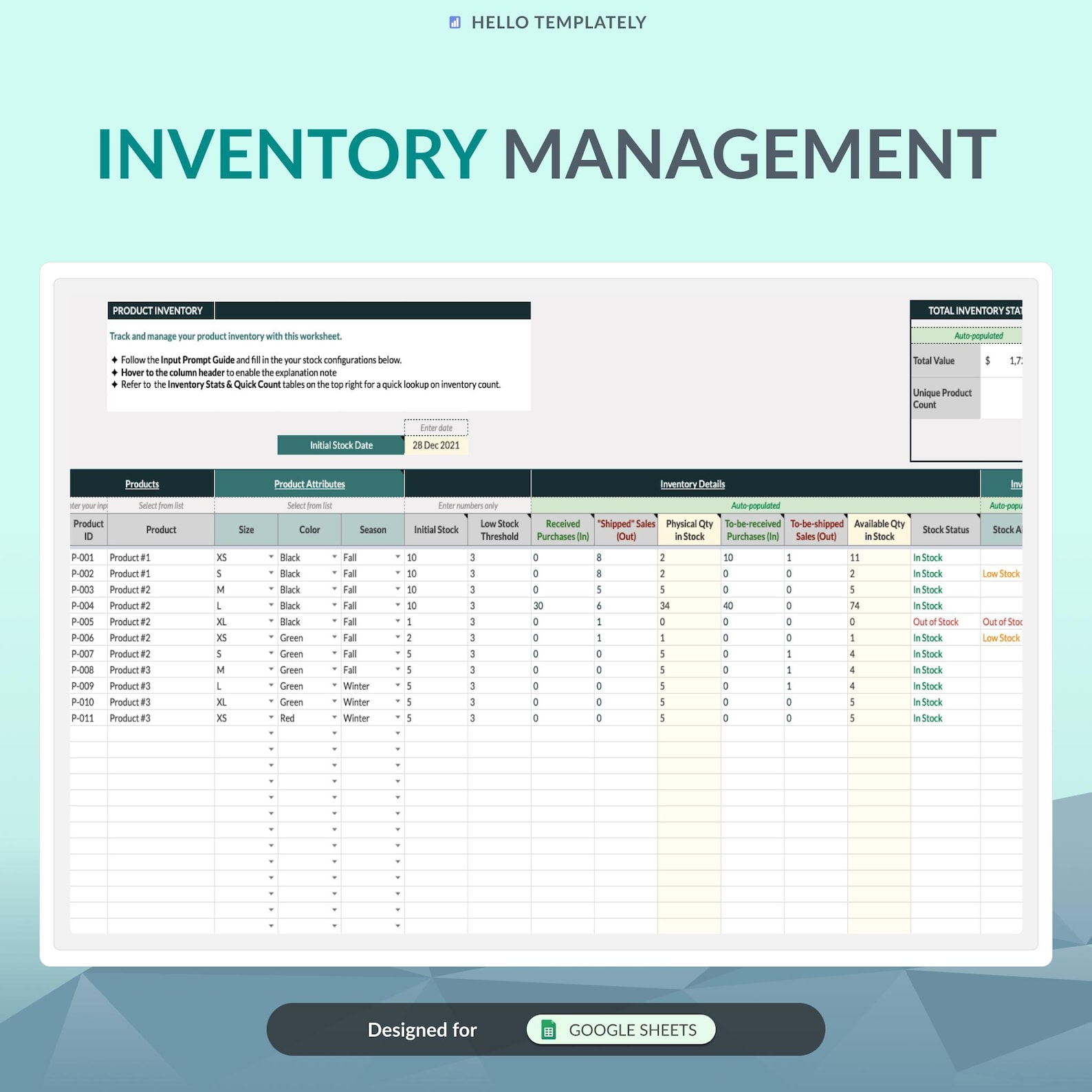 Inventory Tracker, Google Sheets | Manage Stock, Purchase Orders, Order ...