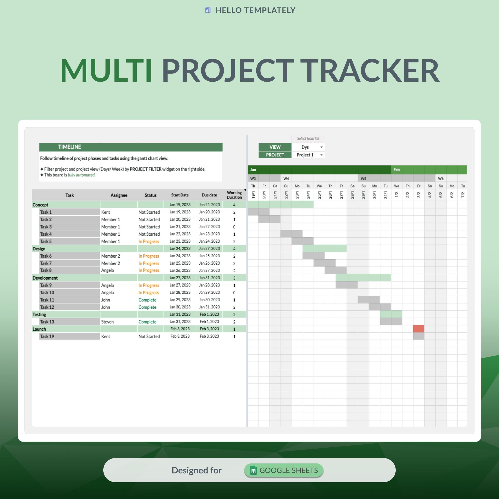 Multi Project Tracker, Google Sheets | Project Management Dashboard, Workload, Resource Planning ...