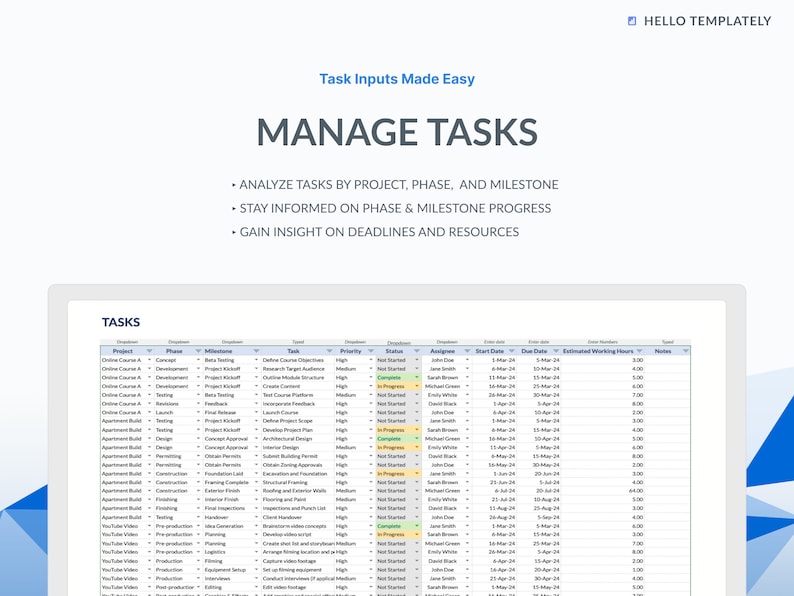 Portfolio Manager, Excel & Google Sheets | Project Management, Task ...