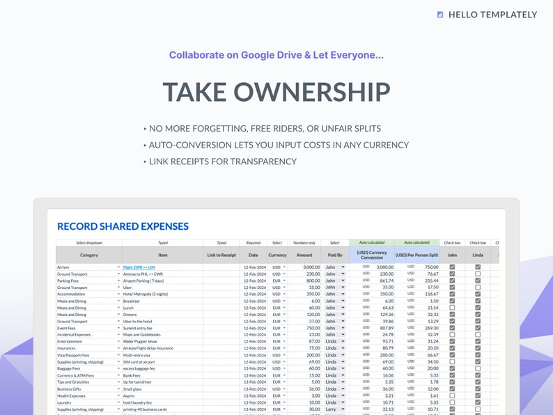Travel Expense Splitter: Google Sheets Template (currency Conversion ...