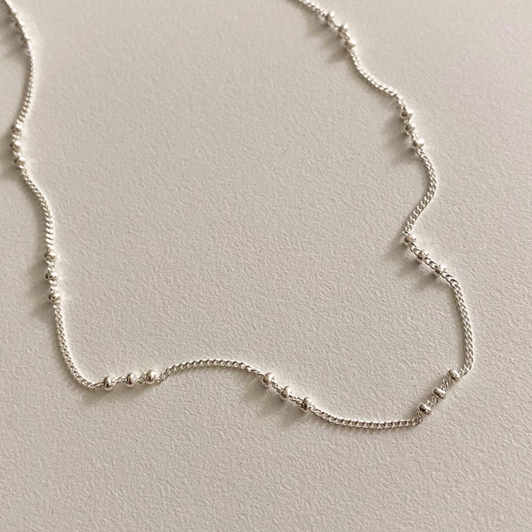 Dainty Beaded Silver Chain Necklace – Minimalist Layering Satellite ...