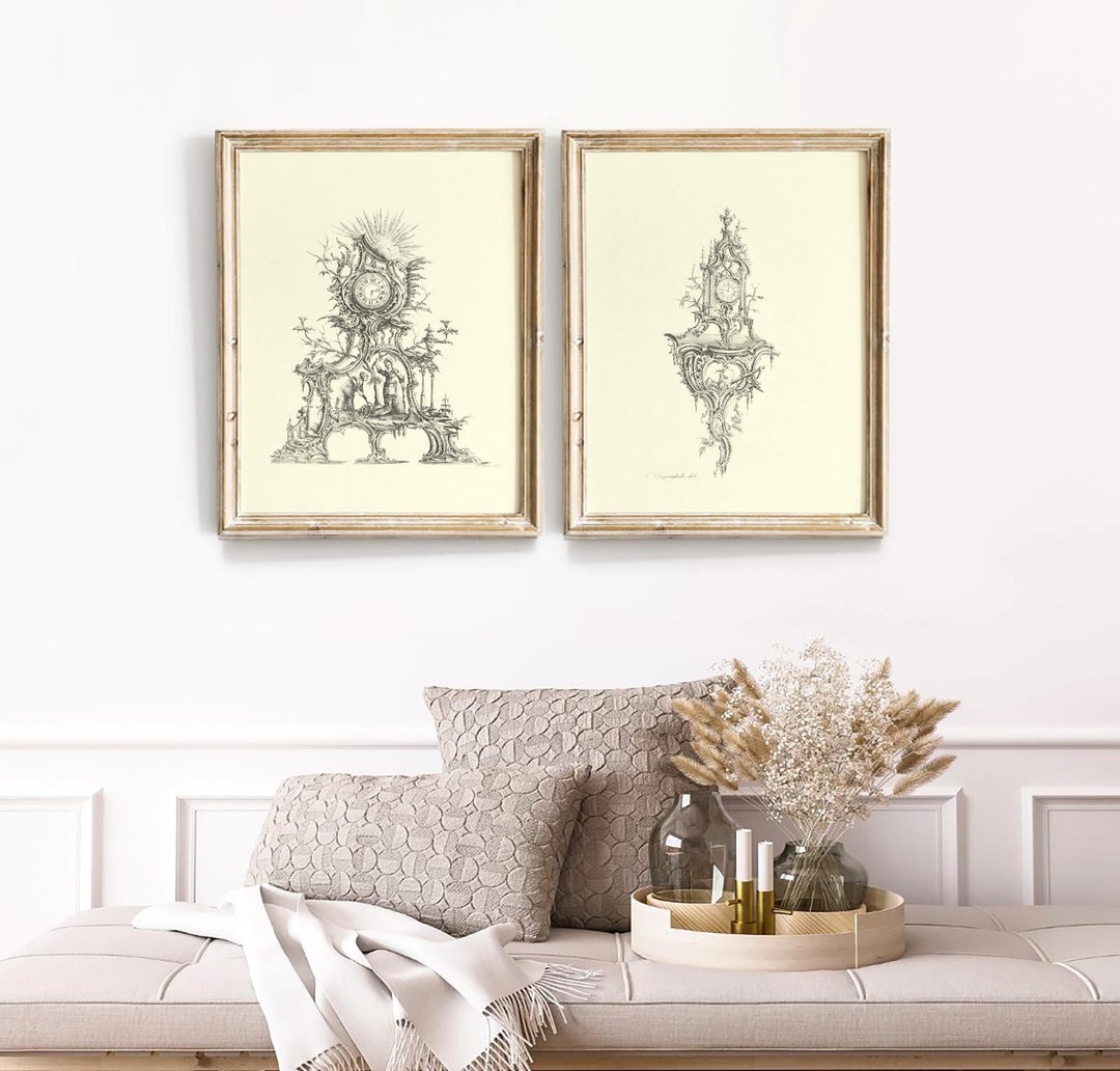 Antique Clock Etching Print, Set of 2 Prints, Antique Engraving Print ...