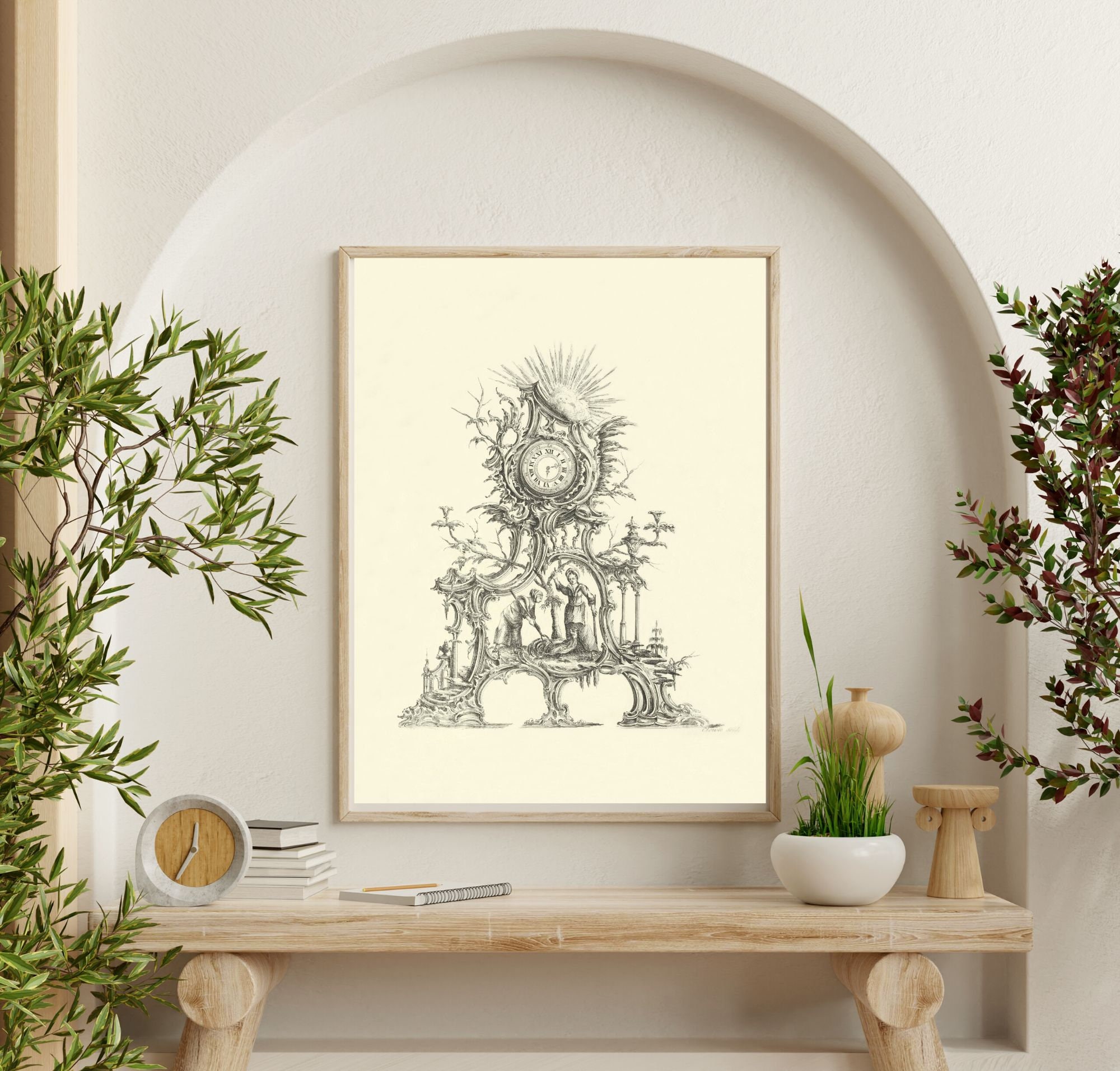 Antique Clock Etching Print, Set of 2 Prints, Antique Engraving Print, 2 Piece Wall Art ...