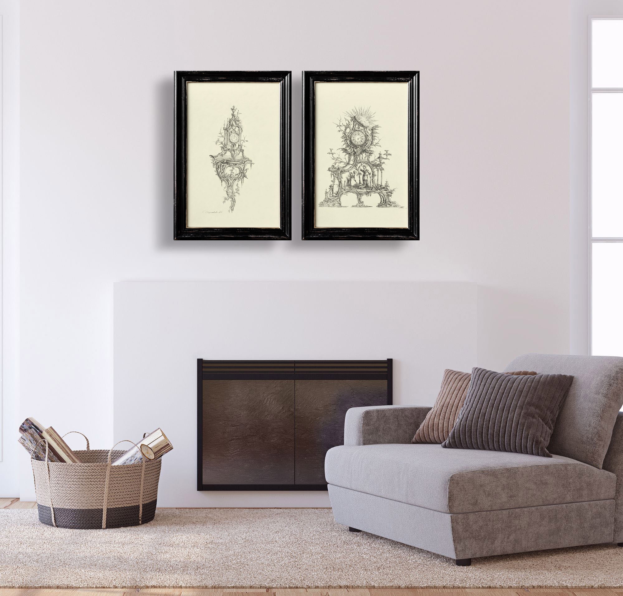 Antique Clock Etching Print, Set of 2 Prints, Antique Engraving Print ...