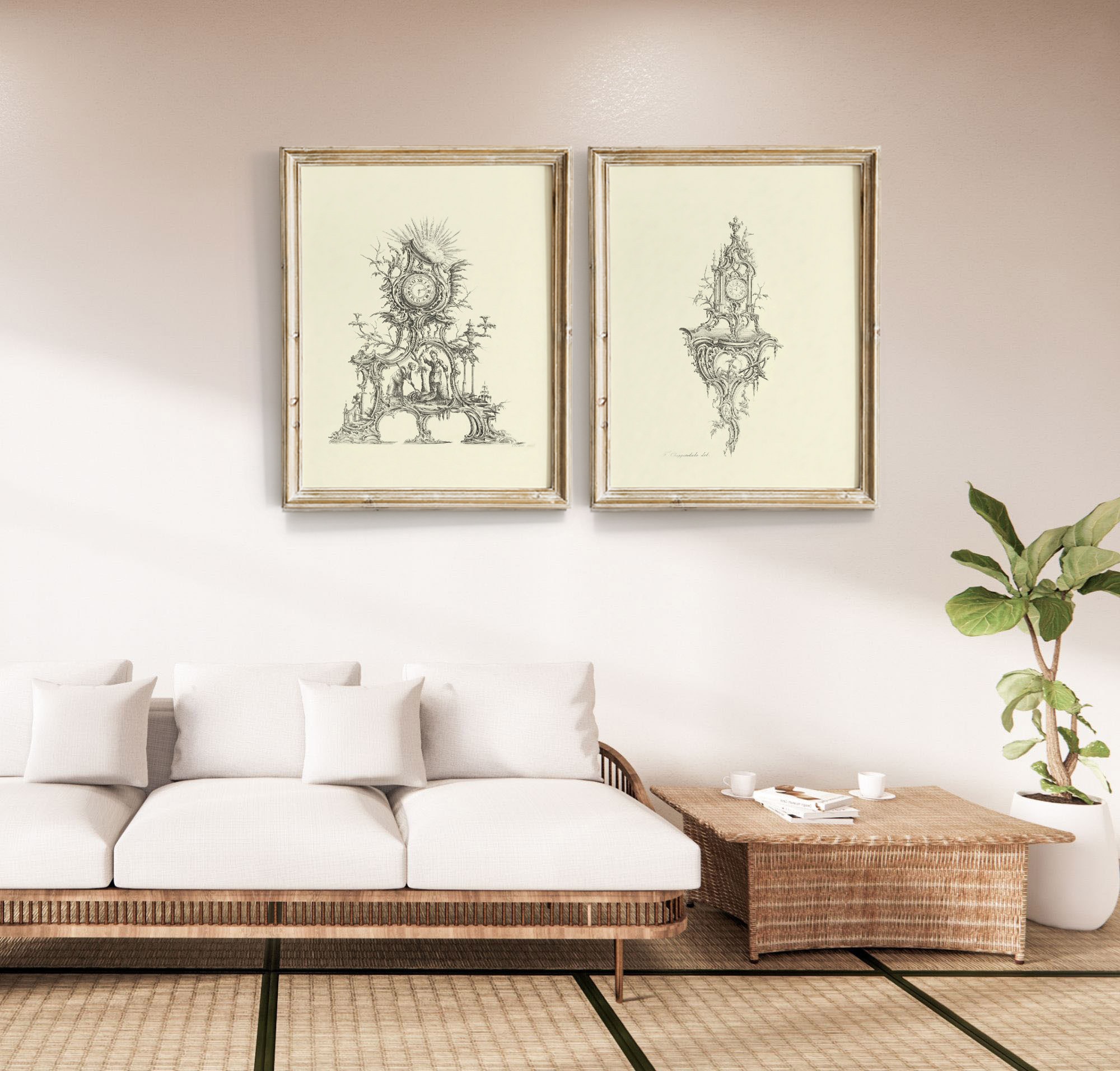 Antique Clock Etching Print, Set of 2 Prints, Antique Engraving Print, 2 Piece Wall Art ...