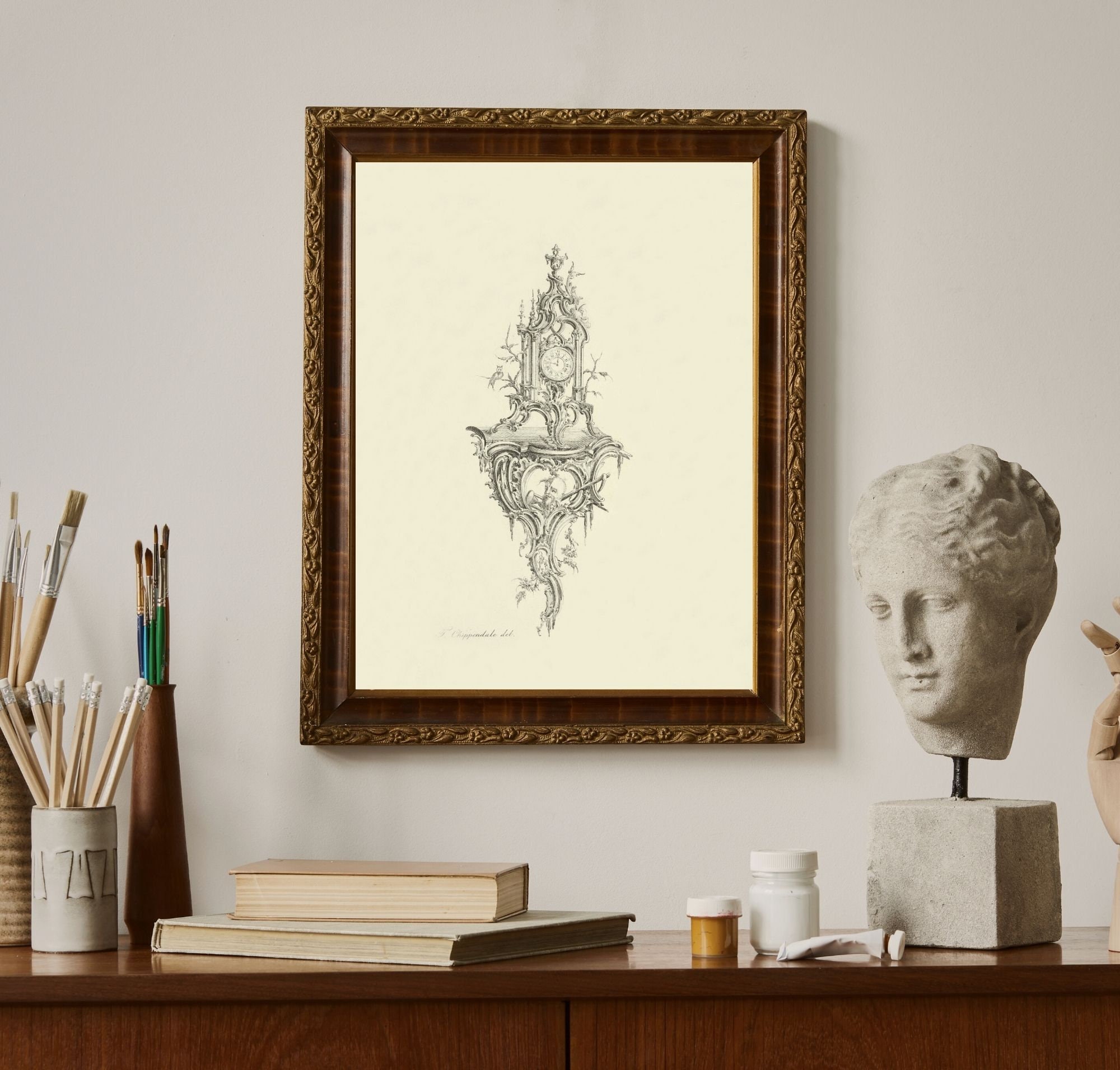 Antique Clock Etching Print, Set of 2 Prints, Antique Engraving Print ...