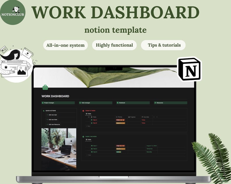 Notion Template Work, Notion Template, Notion Dashboard, Notion Planner ...