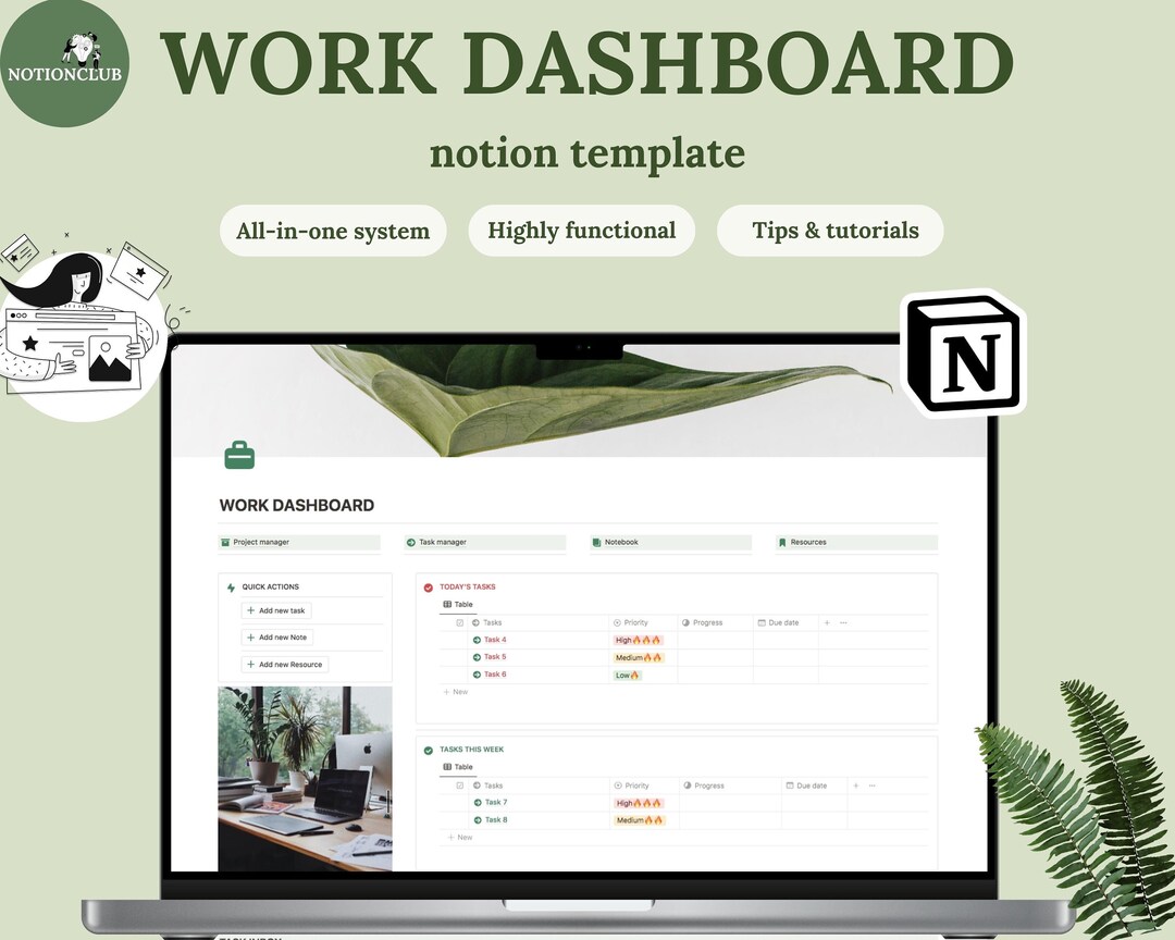 Notion Template Work Dashboard, Notion Templates, Notion Dashboard ...