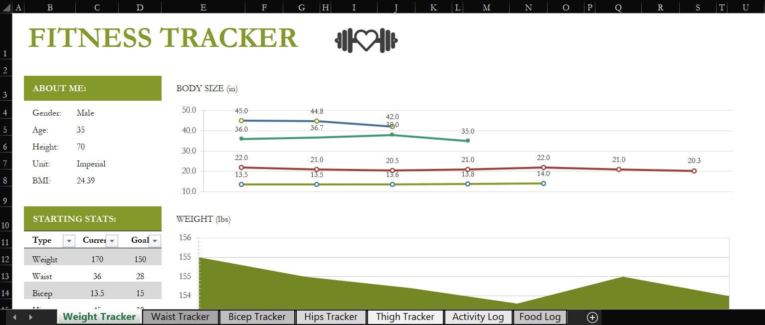 Fitness, Activity & Body Measurement Tracker 7 in 1 Excel Template - Etsy