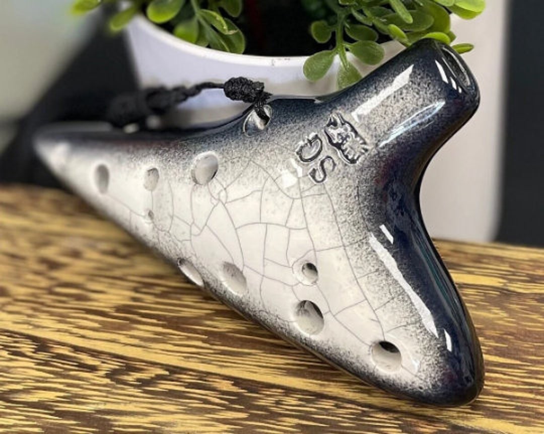 Soprano G 12 Hole Black Diamond Ceramic Ocarina. Black Glaze Base W ...
