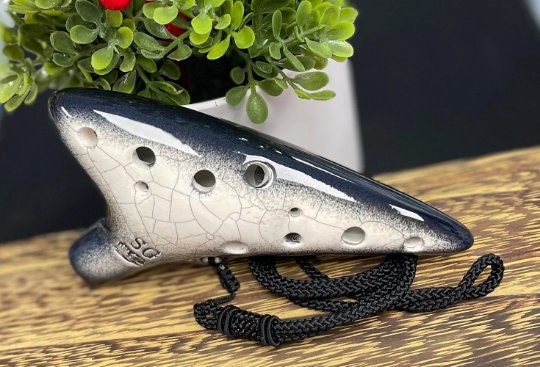Soprano G 12 Hole Black Diamond Ceramic Ocarina. Black Glaze Base W ...