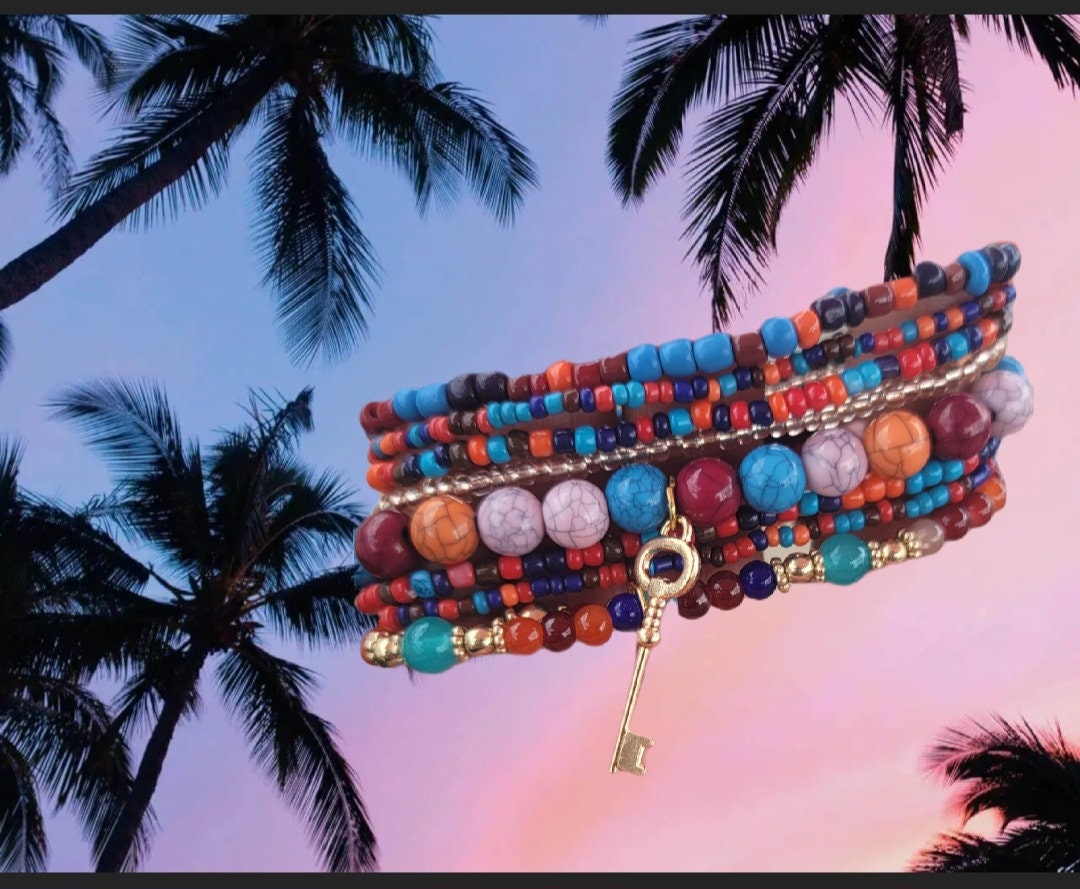 Colorful Stacked Charm Bracelets Handmade Jewelry gold Spacers Key ...