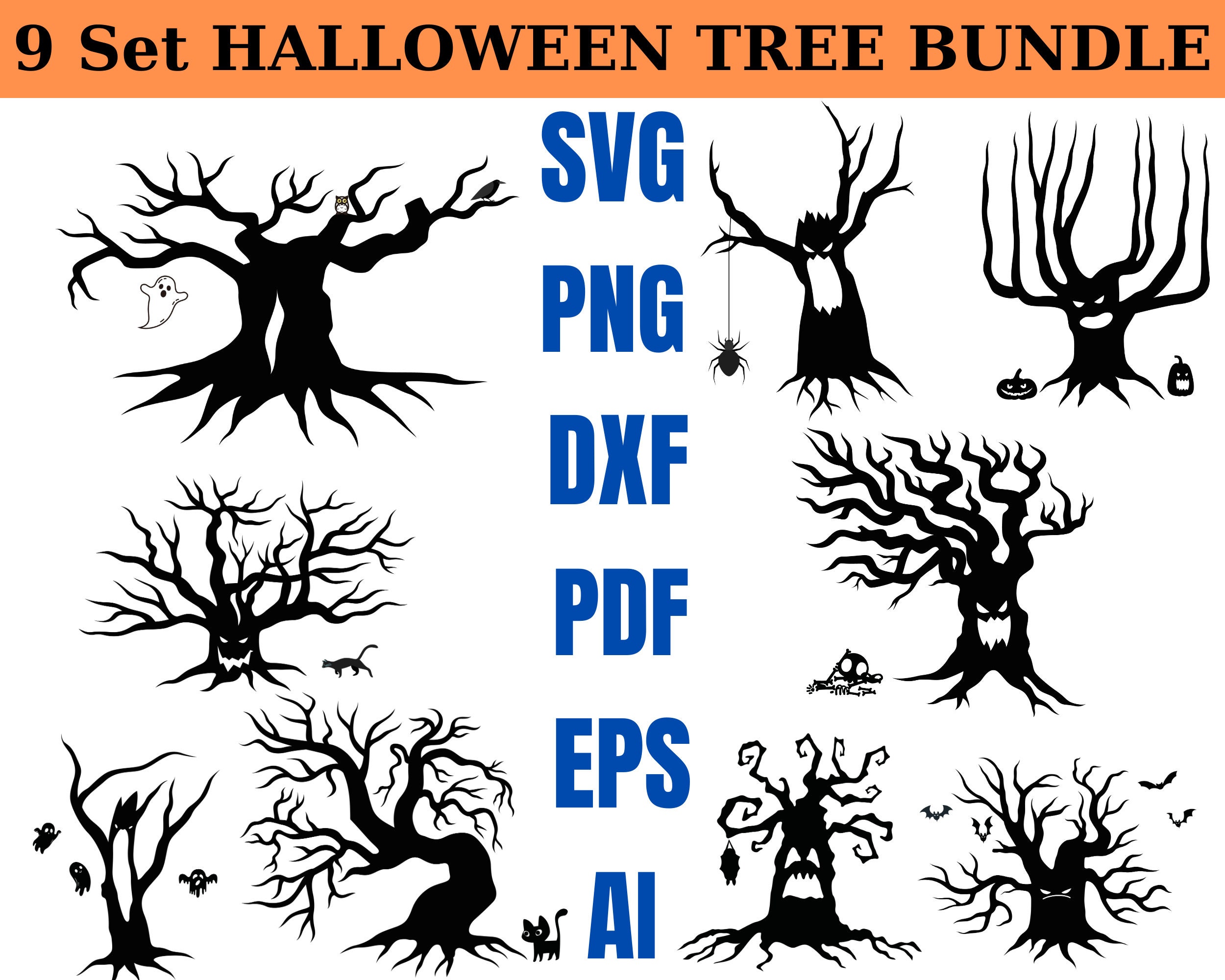 HALLOWEEN Tree SVG Bundle | 9 Creepy Tree Silhouette | Halloween Tree ...