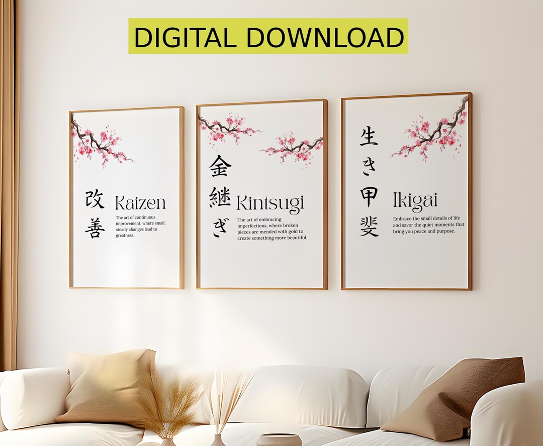 Inspirational Japanese Poster Set Ikigai, Kintsugi, Kaizen Prints ...