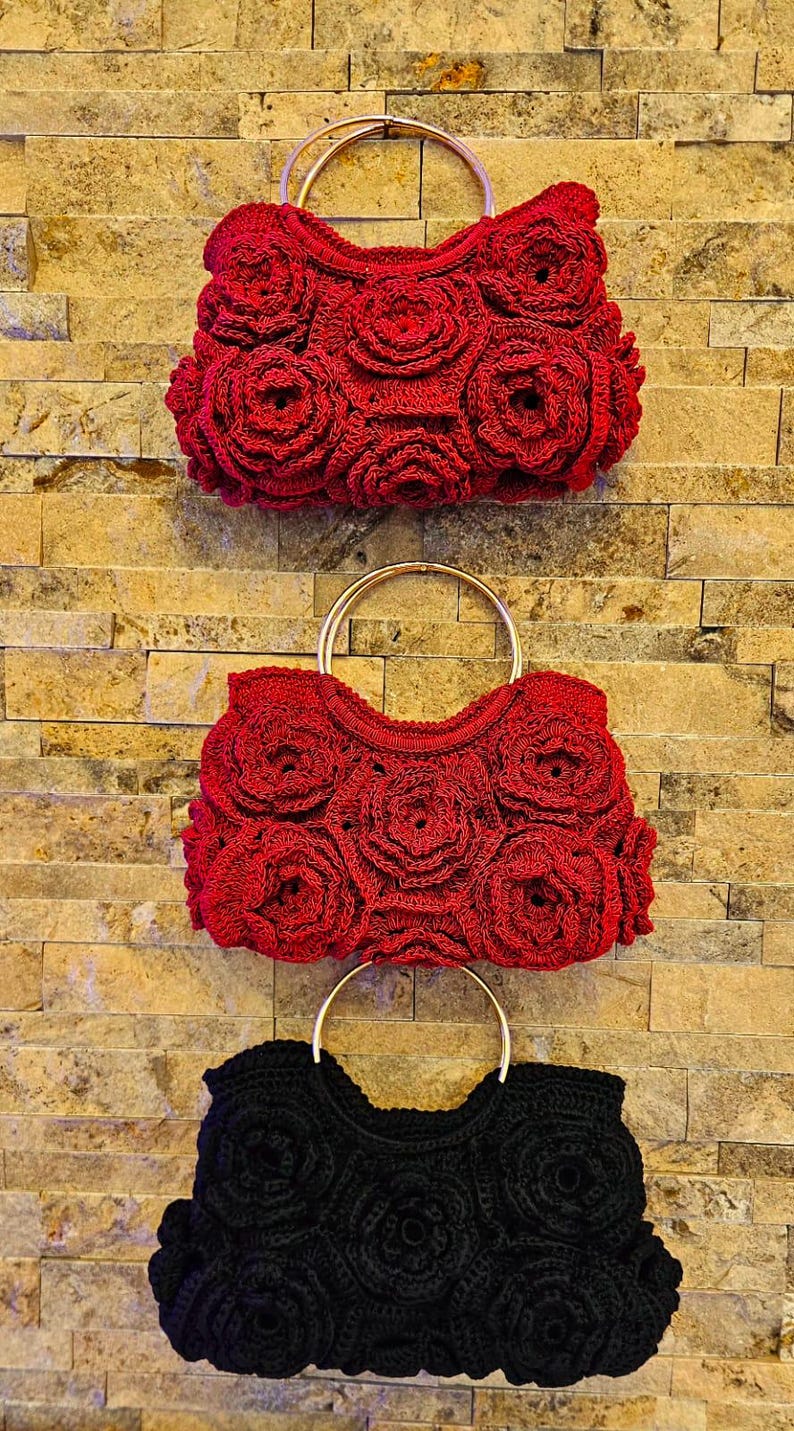 Handmade Black Crochet Rose Bag: Floral Purse With Metal Handle - Etsy
