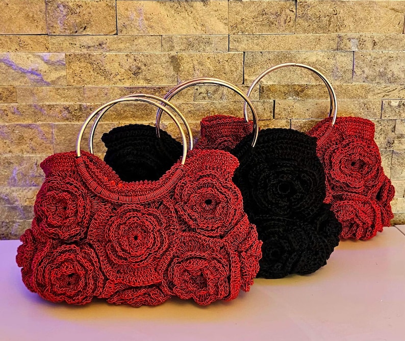 Handmade Red Rose Crochet Bag With Metal Handle - Etsy